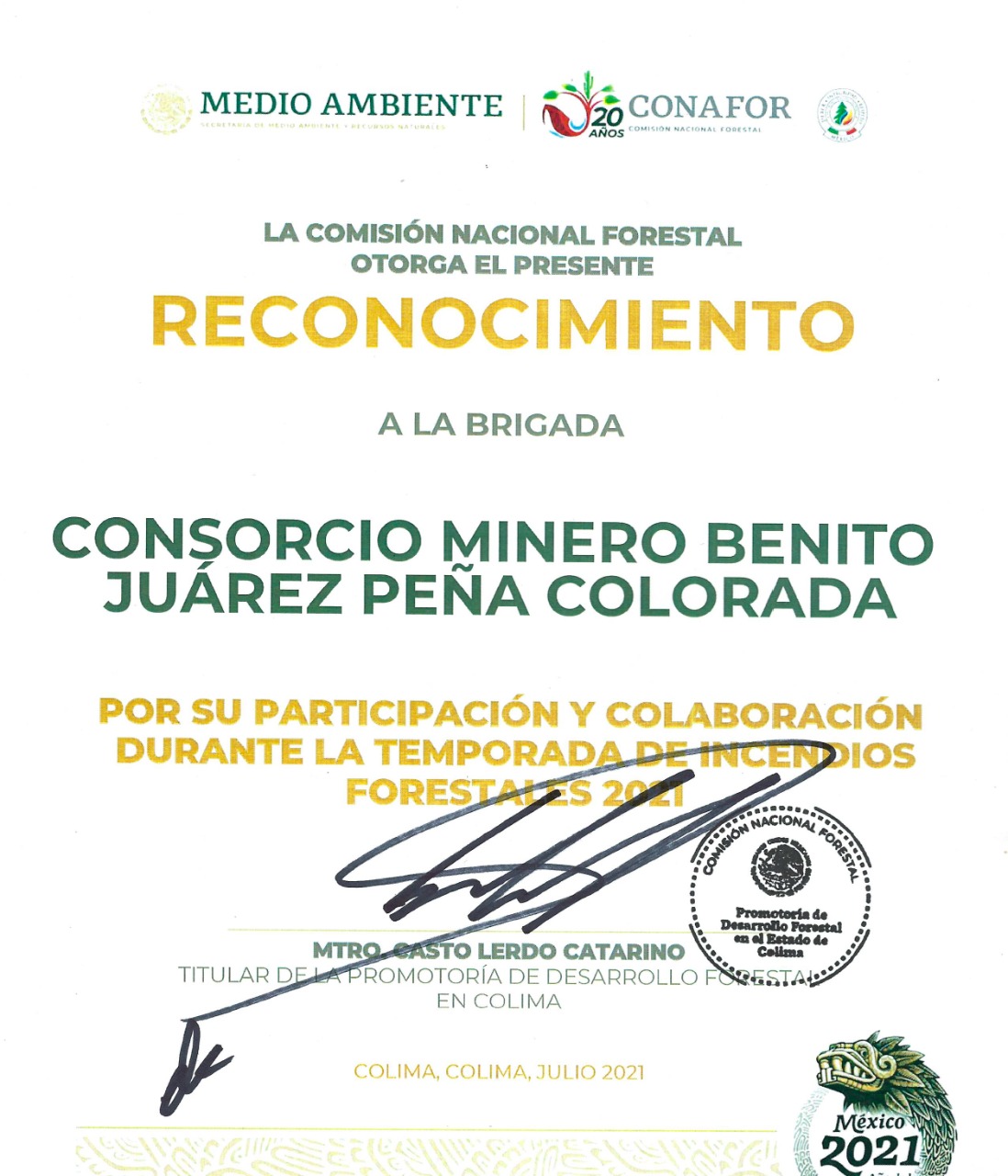 RECONOCE CONAFOR PARTICIPACIÓN DE PEÑA COLORADA EN EL COMBATE DE ... RECONOCE CONAFOR PARTICIPACIÓN DE PEÑA COLORADA EN EL COMBATE DE ...